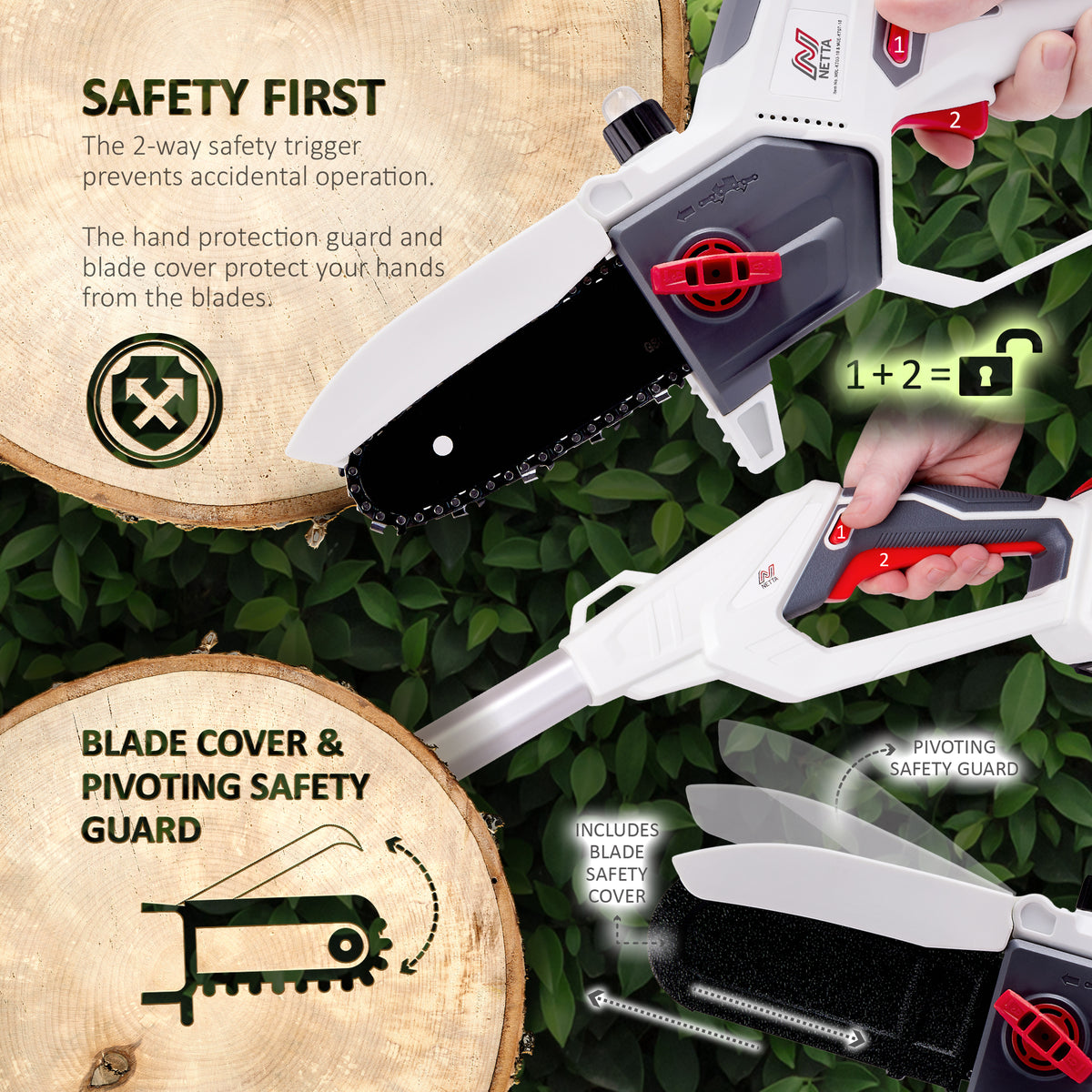 NETTA 20V Cordless 2-in-1 Pole & Handheld Chainsaw - 2.2m Long-Reach T